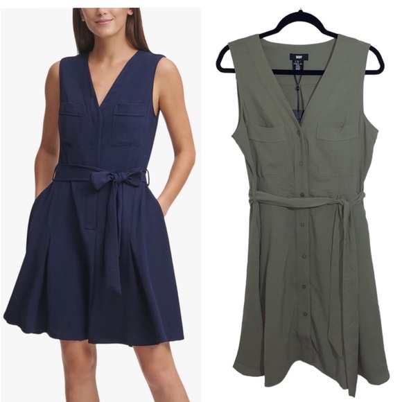 Dkny | Dresses | Dkny Olive Green Tie Front Button Down Dress With ...
